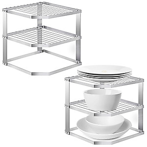 Lonian 3 Tier Counter and Cabinet Corner Shelf Organizer, 2-Pack Kitchen Countertop and Cupboard Organizer Rack, Metal Pantry Organizer and Storage Shelf for Plates, Cups, Dishes ﻿