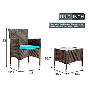 FDW Patio Furniture Sets 3 Pieces Wicker Bistro Set Outdoor Patio Set Rattan Chair Conversation Sets Patio Sofa Wicker Table Set for Yard Backyard Lawn Porch Poolside Balcony,Blue Cushion