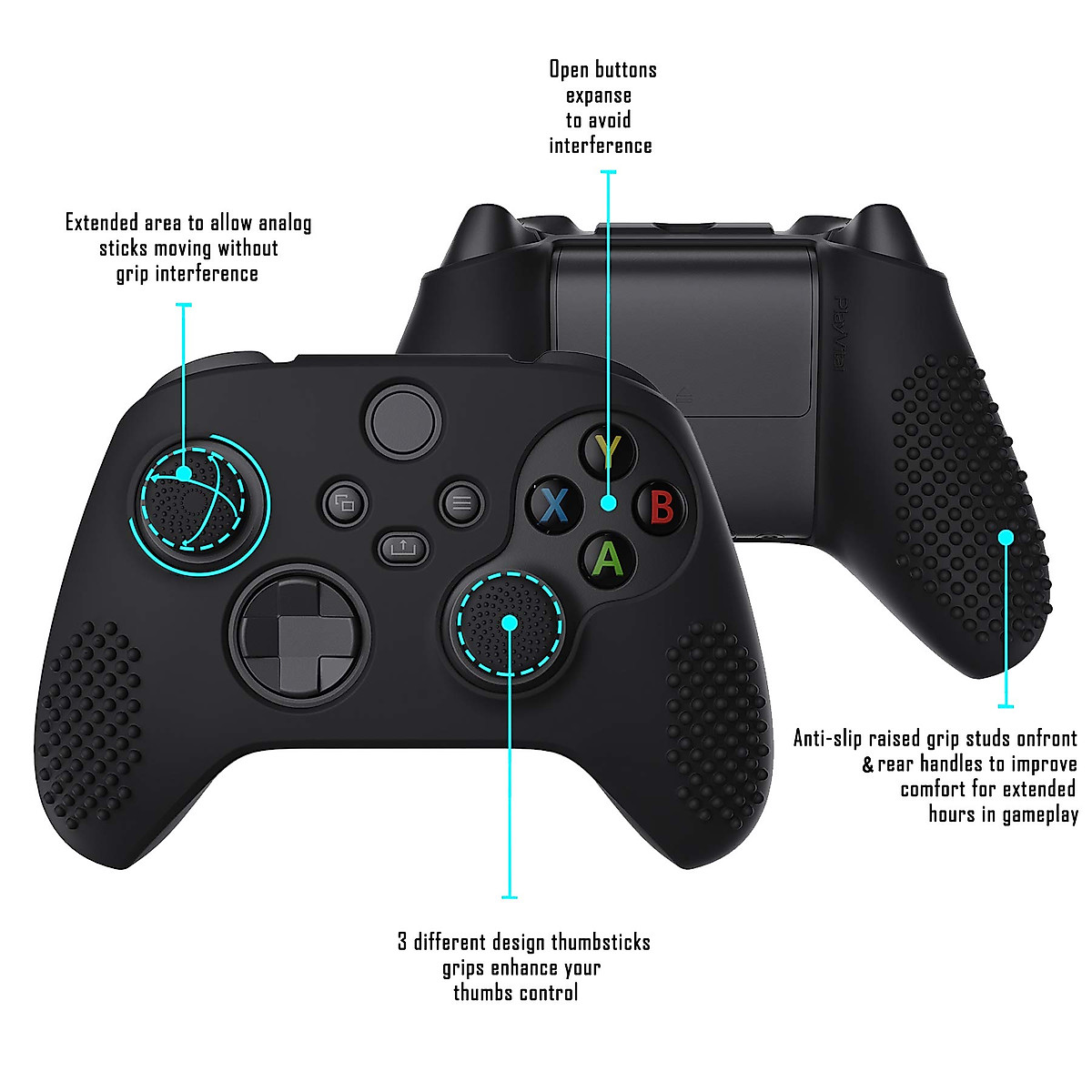 eXtremeRate PlayVital Black 3D Studded Edition Anti-Slip Silicone Cover Skin for Xbox Series X/S Controller, Soft Rubber Case Protector for Xbox Core Wireless Controller with 6 Black Thumb Grip Caps