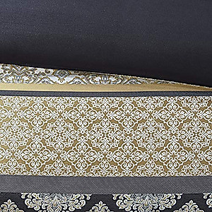 Madison Park Essentials Windsor 24-Piece Room in A Bag Comforter Set-Satin Jacquard All Season Luxury Bedding, Sheets, Decorative Pillows and Curtains, Valance, Queen (90 in x 90 in), Black/Gold