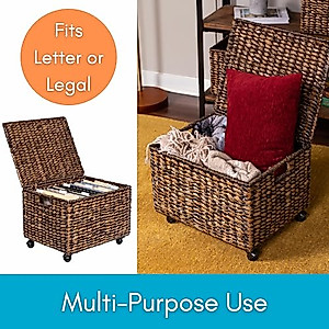 BIRDROCK HOME Rolling File Cabinet with Lid | Small Wooden Under Desk Organizer | Seagrass Basket with Wheels | Portable Home Office Filing System - Mini Decorative Box, Single Drawer, Brown Wash
