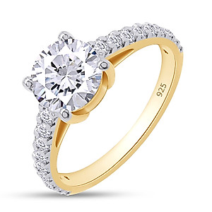 SAVEARTH DIAMONDS Engagement Ring for Women, 18K Yellow Gold Over 925 Sterling Silver Ring 1.00 CT D Color VVS1 Clarity Round Cut Solitaire Lab Created Moissanite Rings with Four Prongs, Size - 6.5