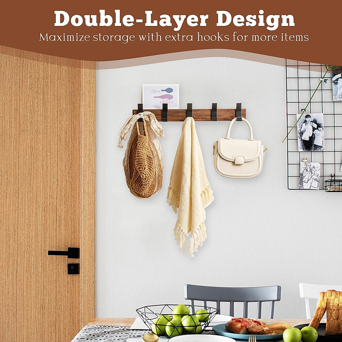 RVXHUA 15.7'' Wall Mounted Coat Rack with 4 Hooks - Solid Walnut Wood Towel Rack for Bathroom, Entryway Hat Hanger, Space-Saving Farmhouse Decor for Mudroom, Bedroom, Kitchen, Closet