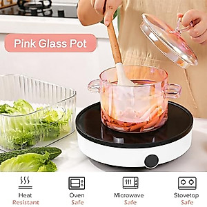 1.5L/51oz/6cups, Pink Glass Pots for Cooking on Stove Glass Pot with Lid Glass Pots for Cooking Glass Cooking Pot Heat Resistant Glass Saucepan Simmering Cooking Pasta Vegetable Soup Salad