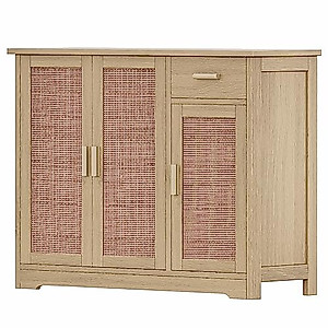 Irontar Kitchen Storage Cabinet, Sideboard Buffet Cabinet with Rattan Decorated Doors, Farmhouse Console Table with Drawer, Coffee Bar, Accent Table for Kitchen, Living Room, Hallway, Natural CWG010M