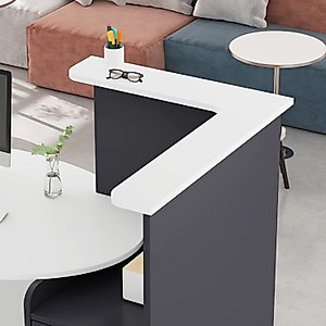 ECACAD Reception Desk with Lockable Drawer and Open Shelves, Office Desk Reception Counter Table, Dark Grey and White (50”W x 22.2”D x 43.3”H)
