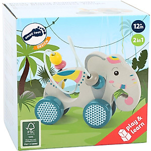 Small Foot Wooden Toys Push-Along Elephant with an Activity Loop & Beads Designed For Children 12+ Months
