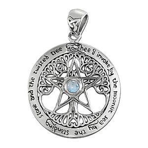 Dryad Design Pentacle Tree of Life Pentagram Pendant (1.25 inch) - Sterling Silver Rainbow Moonstone Wiccan Pagan Jewelry for Men or Women