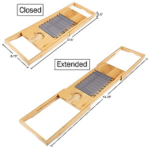 Bamboo Bathtub Tray - Wood Bath Caddy with Book, Phone, or Tablet Rest, Cup Holder, and Extended Sides for Bath Accessories by Home-Complete (Natural)