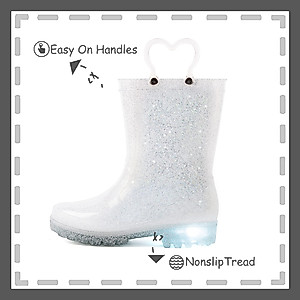 Outee Toddler Girls Rain Boots Kids Baby Light Up Glitter Waterproof Rubber Mud Shoes Lightweight Sparkle Silver Adorable with Easy-On Handles Non Slip (Size 9,Silver)