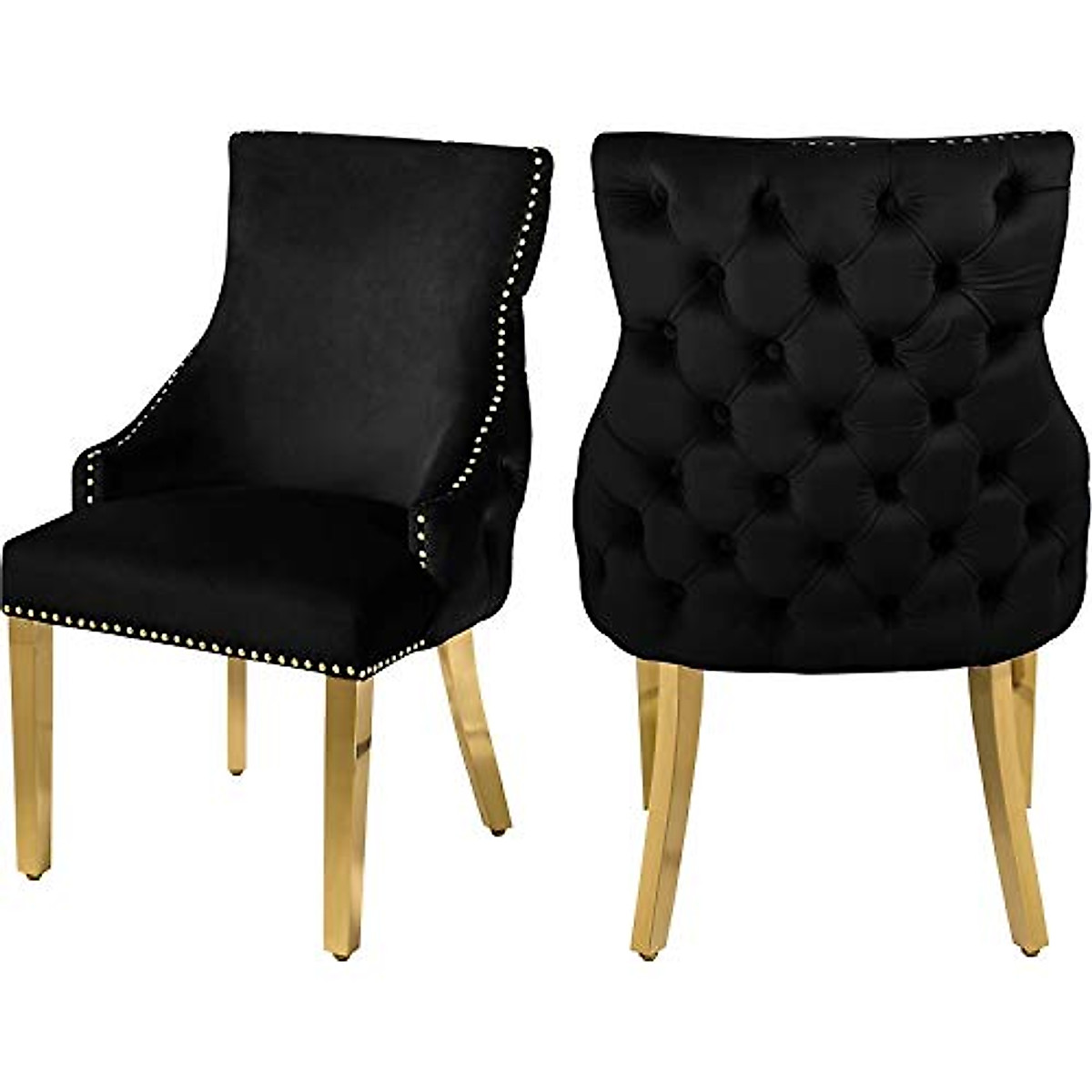 Meridian Furniture Collection Modern | Contemporary Velvet Upholstered Dining Chair with Tufted Back and Gold Sturdy Stainless Steel Legs, Set of 2, 24" W x 25.5" D x 37.5" H, Black