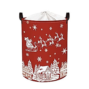 Clastyle 45L Red Snow House Laundry Basket Santa Claus Laundry Hamper Christmas Ornament Storage Basket with Drawstring Reindeer Snowflake Nursery Hamper for Gifts, 14.2x17.7 in