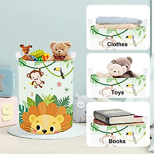 Clastyle 45L Large Green Jungle Lion Kid Laundry Hamper with Handle Collapsible Monkey Bird Clothes Toy Storage Basket with Lid for Nursery