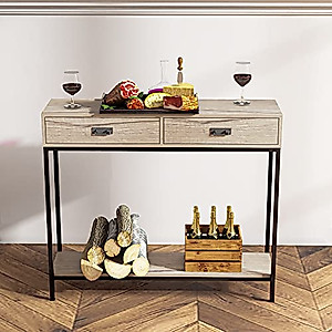 roomfitters Oak Wood Console Table with 2 Drawers, Hallway Foyer Table with Storage Shelves, Narrow Long Sofa Table, Side Table for Living Room, Hallway, Black Metal Frame, Rustic Brown