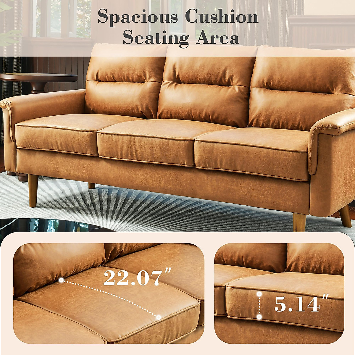 weaxty W 72" Classic 3-Seater Sofa Faux Leather Couch with Curved Armrest and Solid Wood Frame, Suede Fabric Small Faux Leather Couch for Living Room (Brown)