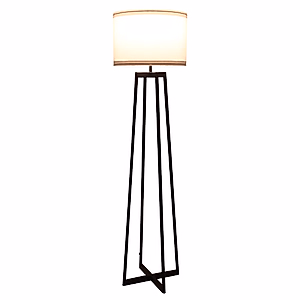Modern Floor Lamp for Living Room - 62" Black Molded Metal Floor Lamp Tall Standing Lamp for Bedroom, Office, Bright Lamp with White Fabric Drum Shade and 9W LED Bulb