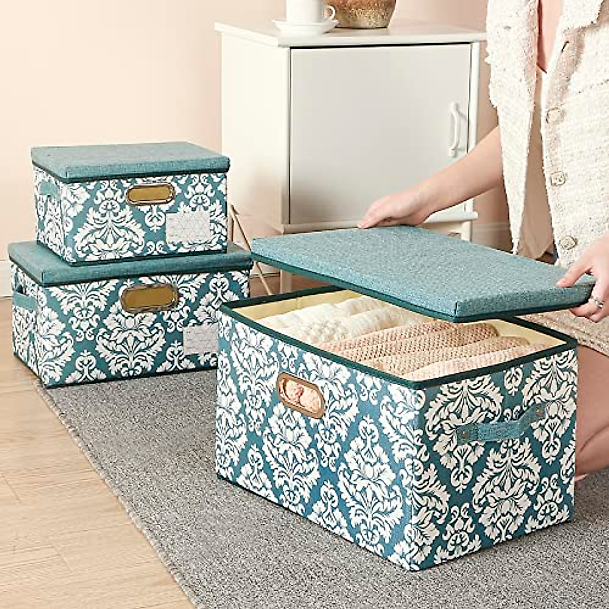 SEEKIND Storage Box, Decorative Storage Bins with Lid,6 in 1 Set,with Handles,Foldable for Space Saving Storage Boxes,for Bras,Clothes, Cosmetic,Blankets (Turquoise)