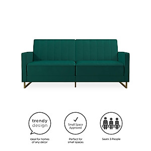 Novogratz Skylar Coil Futon, Modern Sofa Bed and Couch, Green Velvet