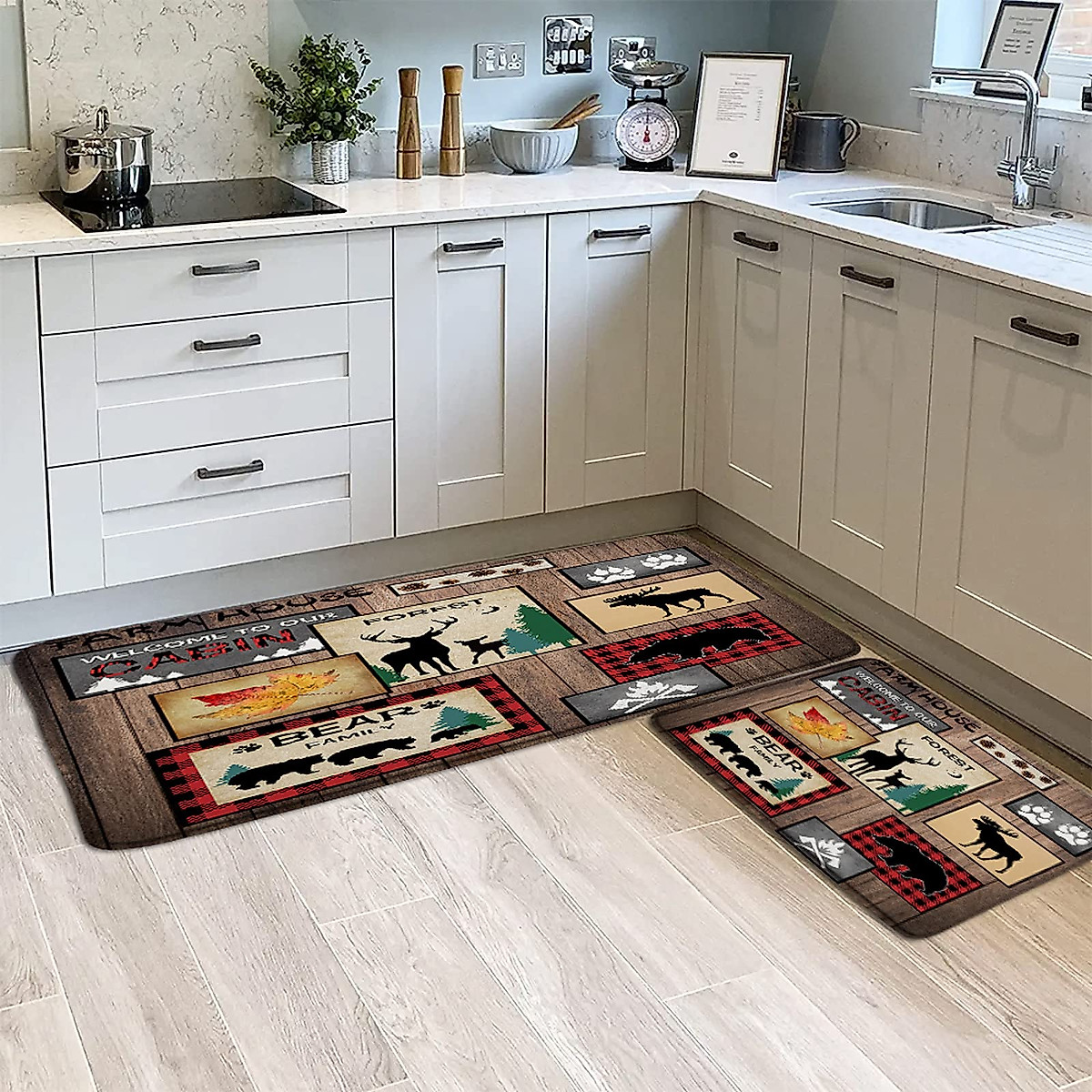 2Pcs Cabin Bear Deer Kitchen Rug Sets Rustic Farmhouse Buffalo Plaid Moose Wildlife Hunting Retro Wooden Board Soft Non-Slip Mat Absorbent Carpet Bath Rugs Floor Decor 17.7”x29.5”+15.7”x47.2”