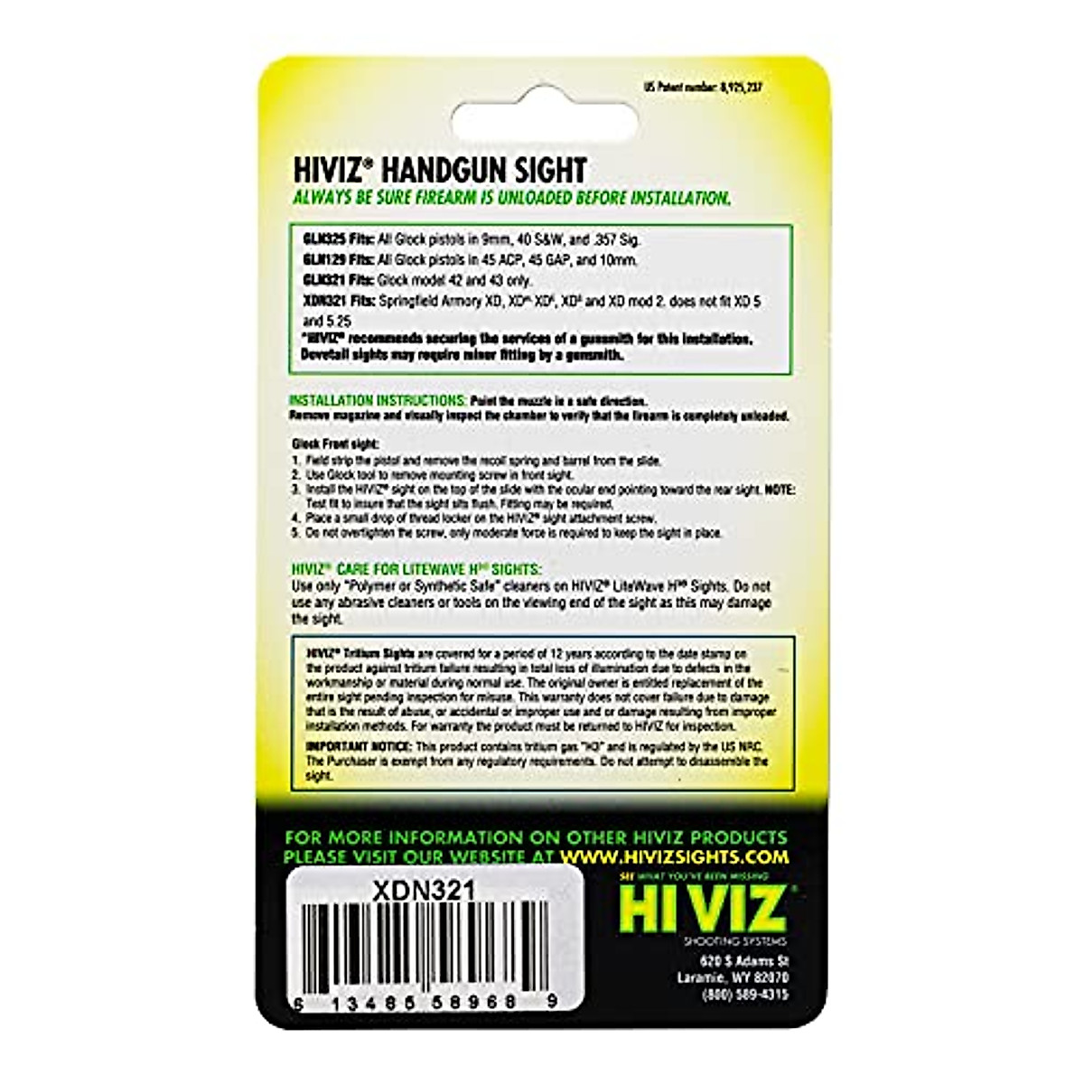 HIVIZ XDN321 Sight Systems, Litewave H3 Tritium/Litepipe, Springfield XD, XDS, XDE and XD-M Models