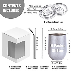 BetterSub 6 Pack Sublimation Glitter Silver Tumblers 12oz Double Wall Insulated Sublimation Blanks Tumblers, Stainless Steel Sublimation Cups with Lid, Metal Straw, Brush, Display Box