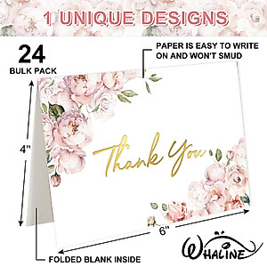 Whaline 24 Sets Floral Thank You Cards Gold Foil Thank You Greeting Cards Watercolor Pink Flower Blank Note Cards with Envelopes Stickers for Bridal Baby Shower Wedding Birthday Party, 4 x 6 Inch