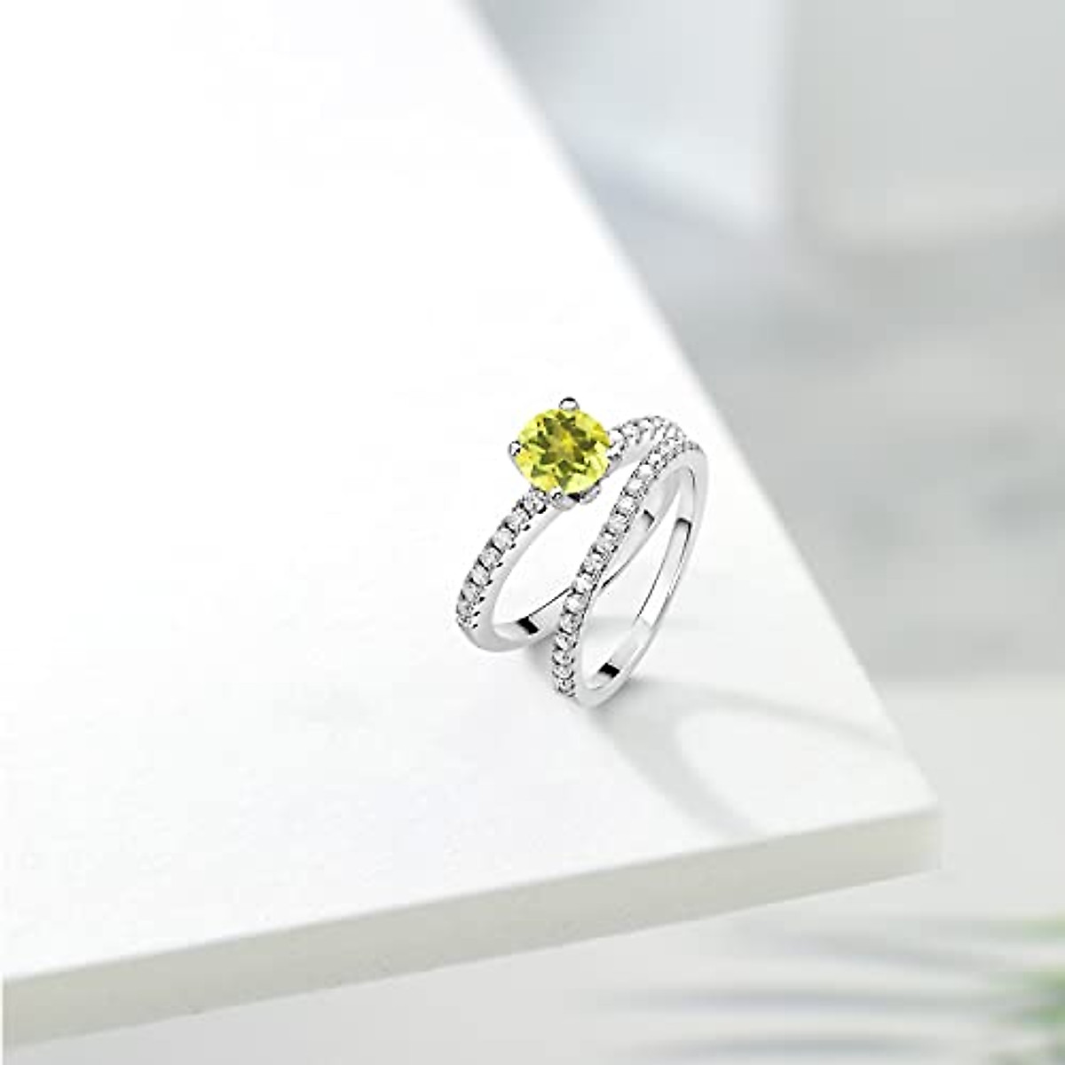 Gem Stone King 925 Sterling Silver Canary Mystic Topaz and White Moissanite Wedding Engagement Band Bridal Set Ring For Women (1.49 Cttw, Gemstone, Available In Size 5, 6, 7, 8, 9)