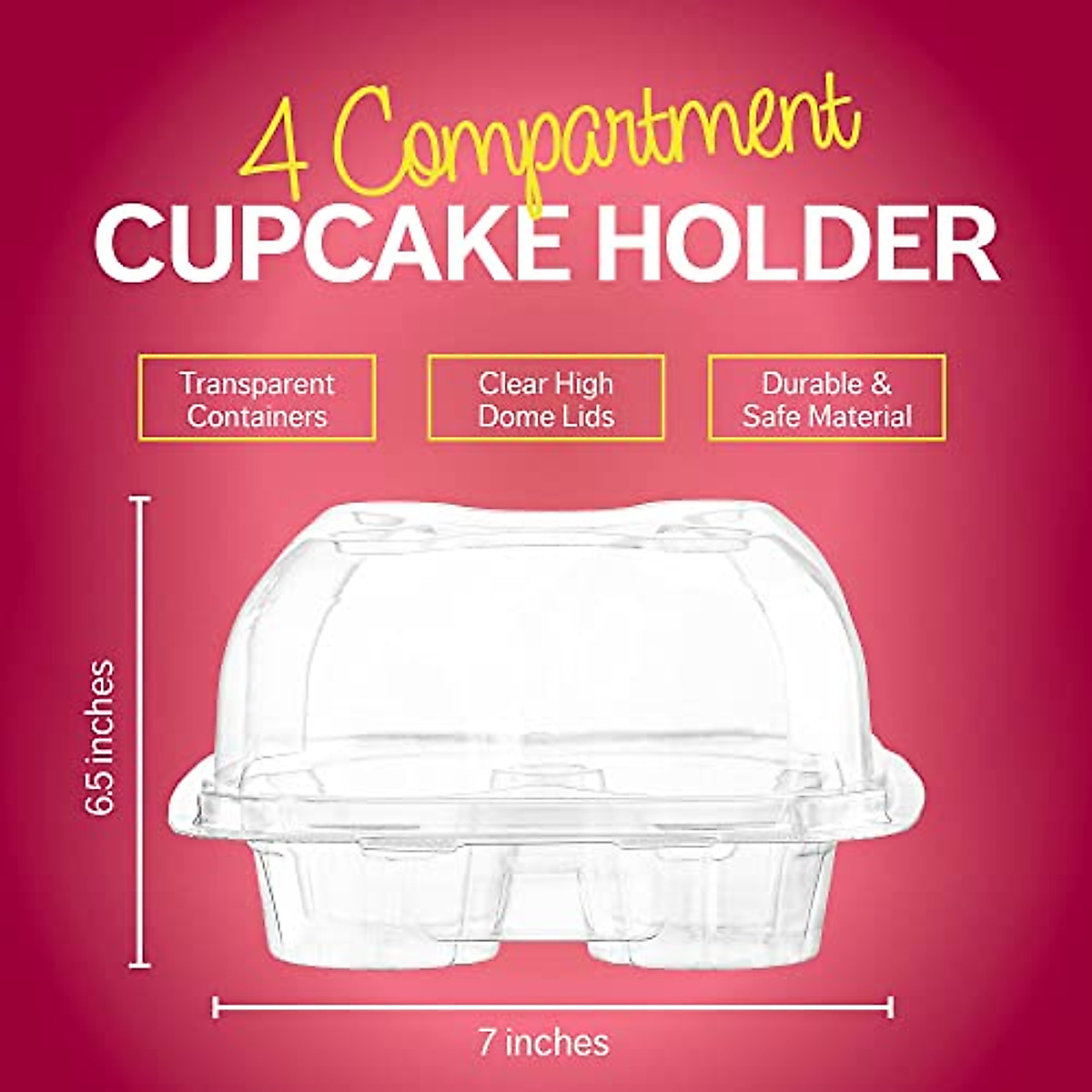 Plastic Cupcake Containers Boxes | 4 Compartment – 50 Pack | Disposable High Dome Cupcake Holder With Lid Bulk | Extra Sturdy And Stackable Cupcake Boxes | Durable Muffin Packaging Transporter To Go