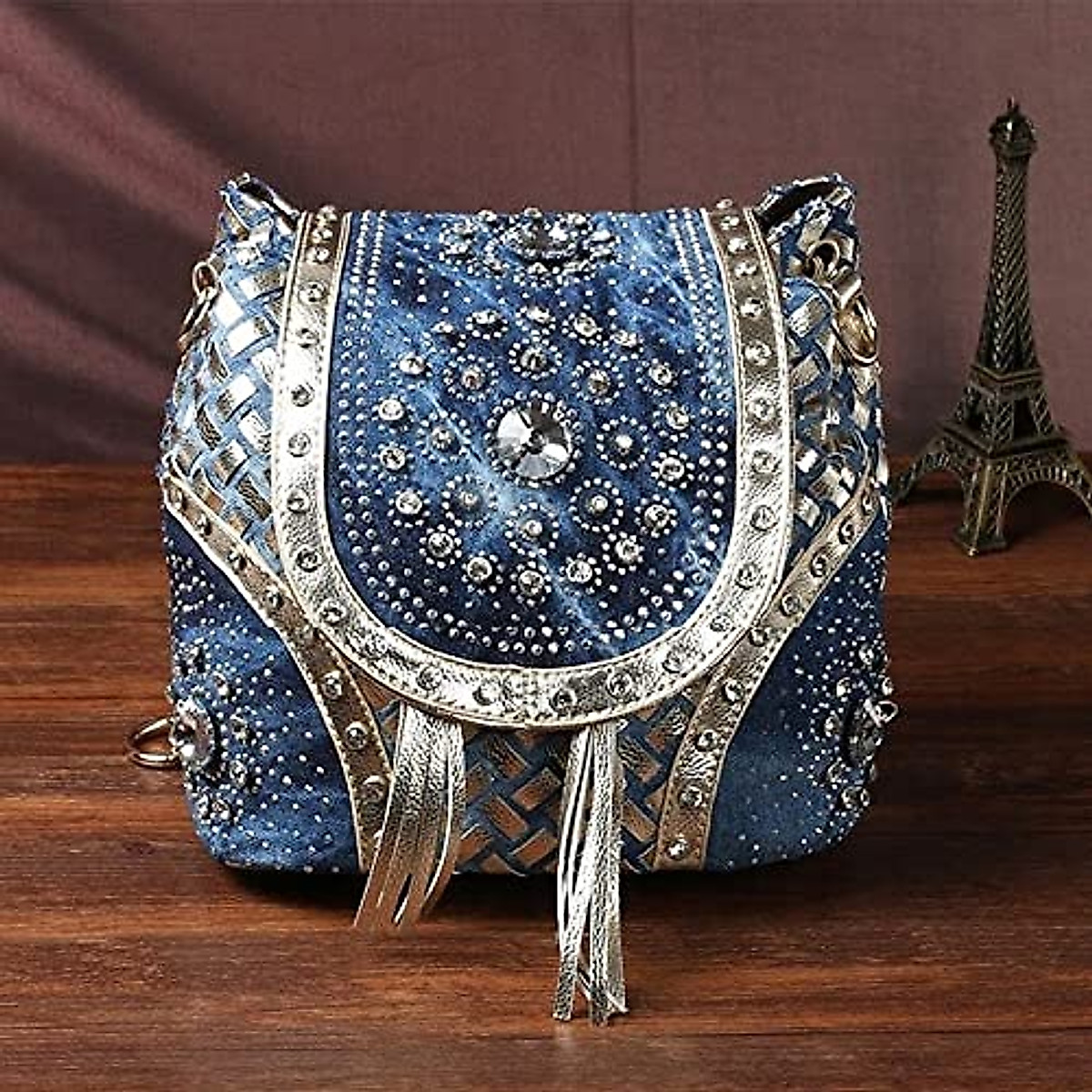 Alice Fan Denim Bag Jeans Tote Bag Fashion Women Handbag Multifunctional Backpack Shoulder Bag with Diamond and Tassel (Gold)