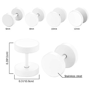 4 Pairs Unisex 6-12MM Stainless Steel Stud Earrings Set,Cupimatch Ear Piercing Plugs Faux Gauges Illusion Tunnel Screw Earrings, White (4 Pairs)…