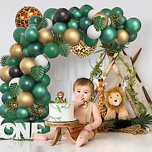 150Pcs Jungle Safari Green Balloons Garland Arch Kit, Emerald Dark Green Gold Animal Foil Balloon Tropical Palm Leaves for Safari Baby Shower Birthday Decorations for Boys Wild One Party Supplies