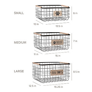 RGI Home Dog Toy Storage Baskets – Set of 3 Rectangular Metal Organizer Bins for Pet and Household Storage, Multi-Sized with Wood Accents, Durable and Rustic, Antique Gray Metal