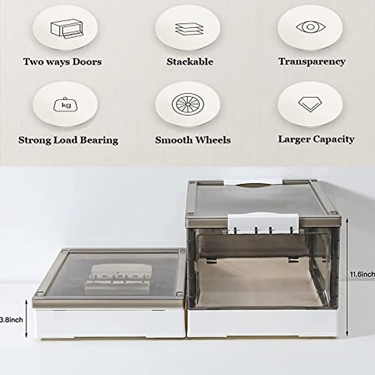 56 Quart Collapsible Storage Bins with Lids, Clear Stackable Lidded Storage Box with Wheels, Plastic Storage Container with 2 Doors, Storage Organizer with Attached Lid (Extra Large, Brown)