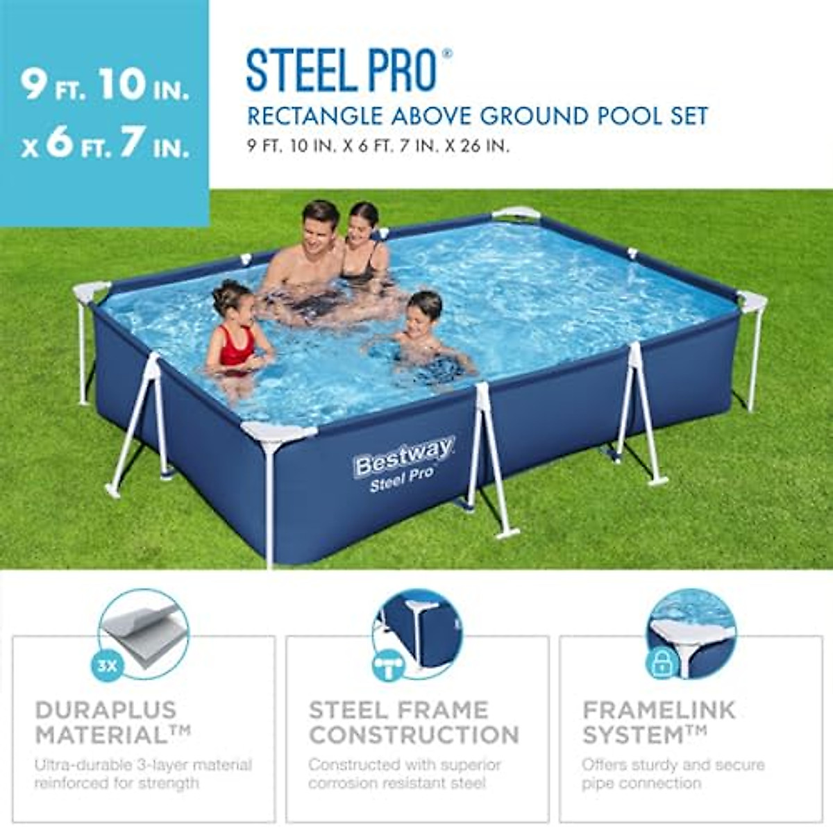 Bestway Steel Pro 9.8' x 6.6' x 26" Rectangular Steel Frame Above Ground Outdoor Backyard Swimming Pool Set with 330 GPH Filter Pump