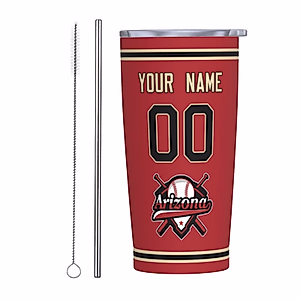 Arizona Custom Baseball 20oz Tumbler,Add Personalized Name And Number,Personalized Travel Coffee Mug, Stainless Steel, Insulated, Keep Drinks Cold And Hot,Gifts For Baseball Fans