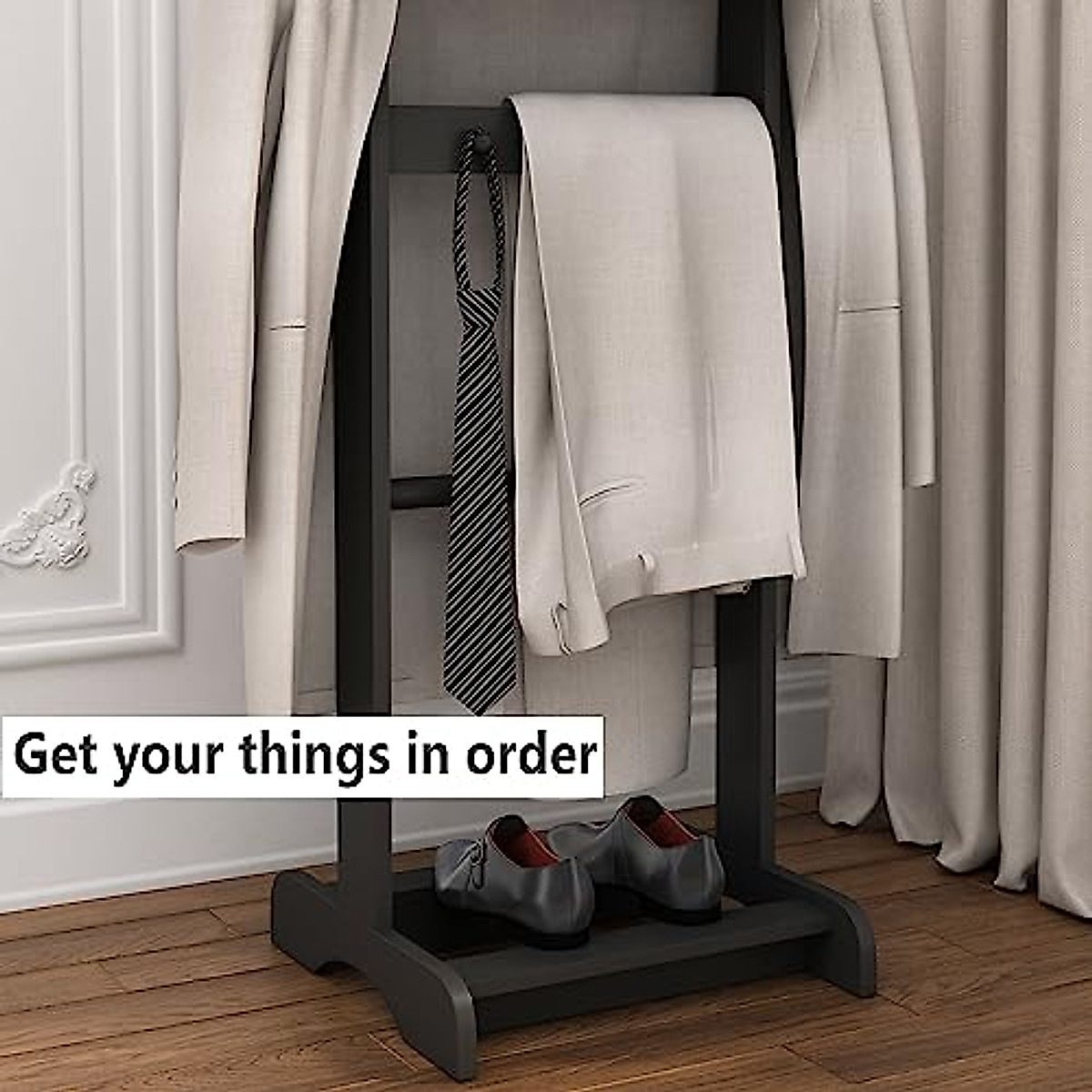 RELAHOGAR Men's Valet Stand, Black Wooden Clothes Stand with Tray, Freestanding Garment Rack Organizer for Enterway Office Bedroom