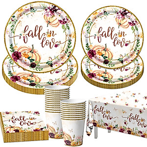 Fall in Love Bridal Shower Decorations,Fall Floral Pumpkin Disposable Tableware Set Includes Fall Dinner Plate,Tablecloths,Cup for Bridal Shower,Anniversary,Wedding Decorations