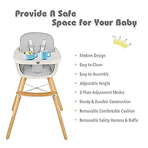 BABY JOY Convertible Baby High Chair, 3 in 1 Wooden Highchair/Booster/Chair with Removable Tray, Adjustable Legs, 5-Point Harness, PU Cushion and Footrest for Baby, Infants, Toddlers (Gray)