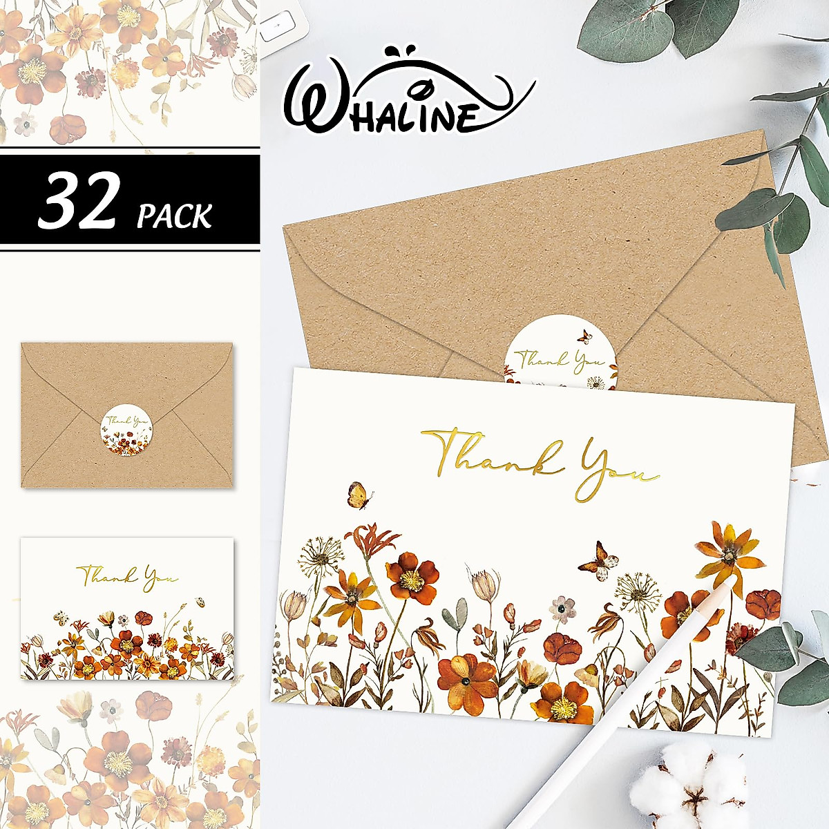 Whaline 32 Pack Gold Foil Fall Thank You Cards Autumn Floral Wildflower Greeting Cards with Envelopes and Stickers Blank Note Cards for Wedding Birthday Bridal Shower, 4 x 6 Inch