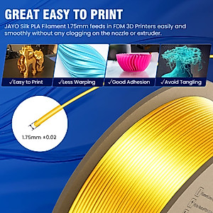 Silk Shiny PLA 3D Printer Filament 1.75mm, JAYO Silk PLA 0.65kg Spool 3D Printing Material, Silky Shine Surface, Neatly Wound Filament, Fits for Most FDM 3D Printers, Light Gold 650g