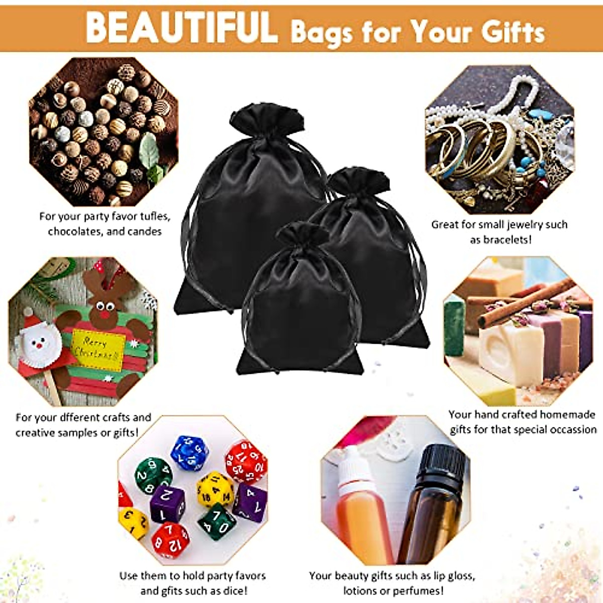 60 Pack Satin Bags Black Silk Bags with Drawstring Jewelry Gift Bags Drawstring Pouch Wedding Favor Drawstring Bags Baby Shower Christmas Gift Bags, 3 x 4", 4 x 6" and 6 x 8''