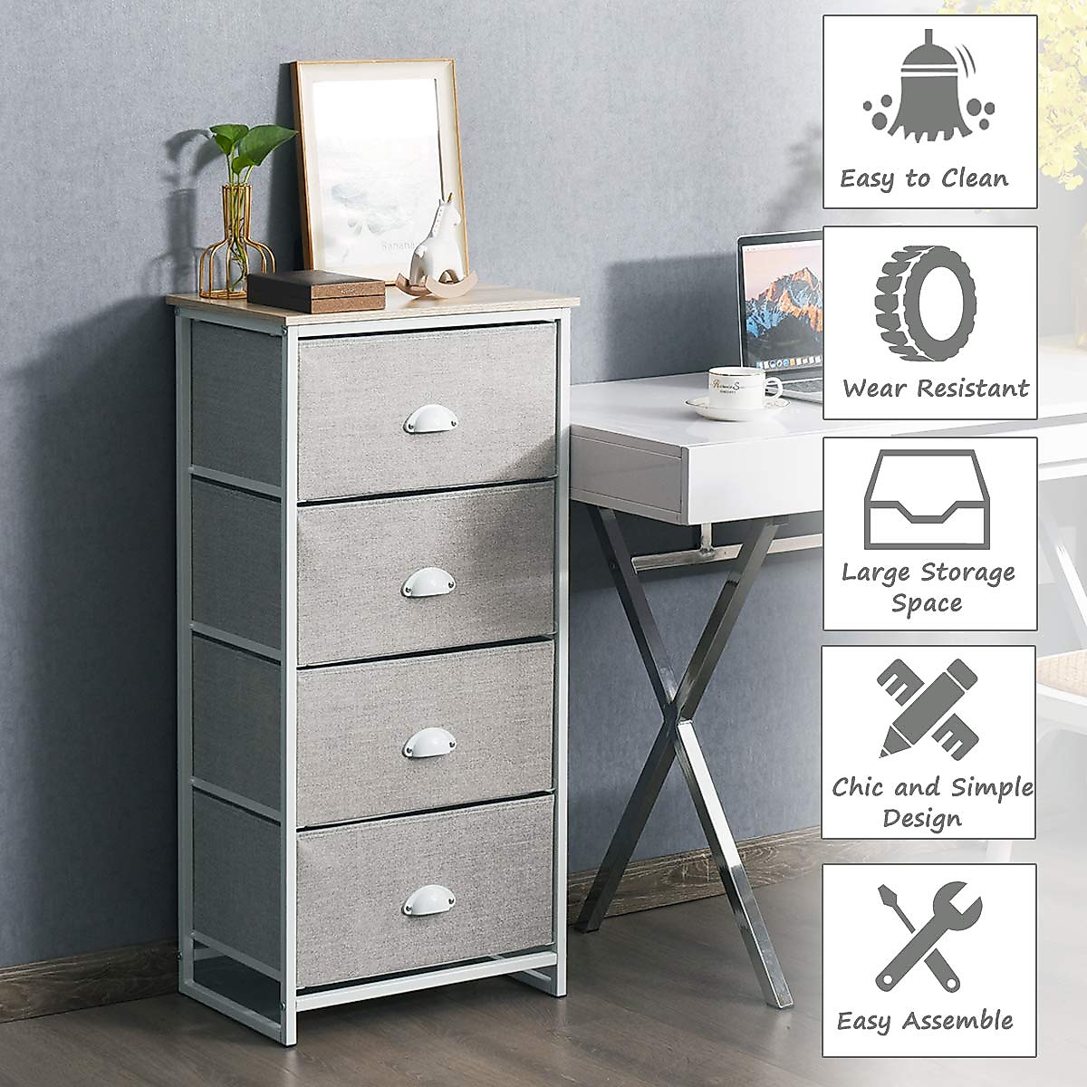 Giantex Dresser Storage Tower Nightstand W/Fabric Drawers, Sturdy Steel Frame and Wood Top Organizer Unit for Bedroom, Living Room, Entryway,Closets End Table Storage Unit (37’’(H), White)