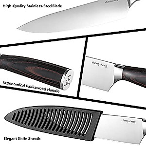 ZhengSheng 8 inches Chef Knife German Hign Carbon Stainless Steel Blade Kitchen Knife with Wooden handle and Sheath Ultra sharp Cooking Knife for Professional Use