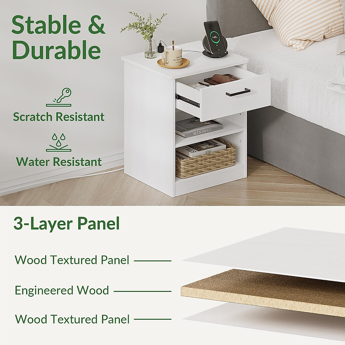 ODIKA Everyday Side Table with Fast Charging Station - USB C Cable Fast Charging, Wooden White Nightstand Bedside Table with Drawer, End Table with Optional Adjustable Shelf for Bedroom, Set of 1