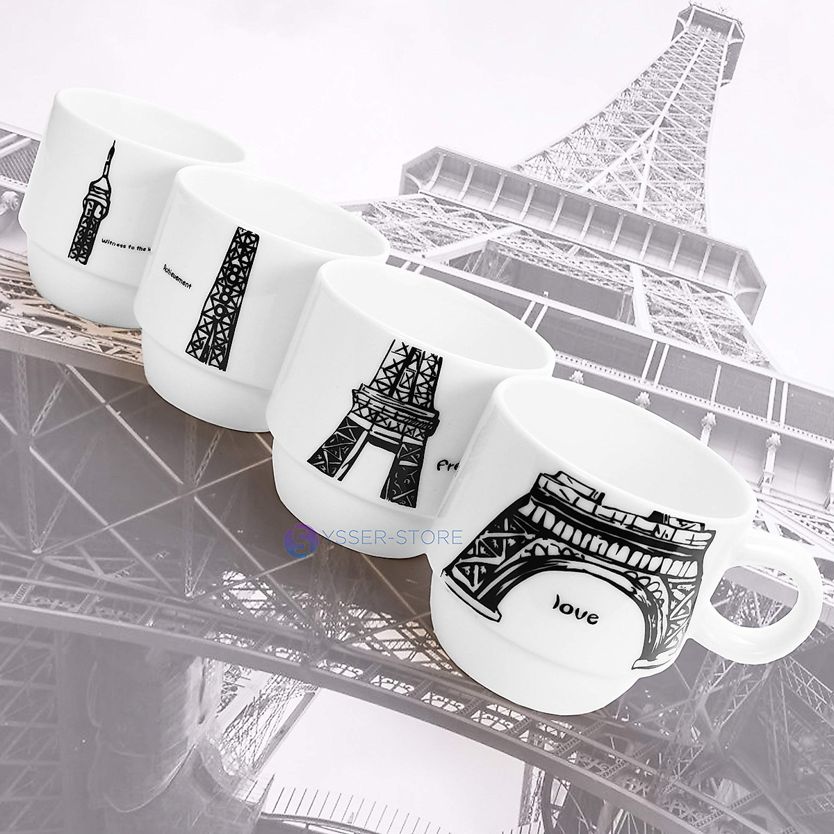White Porcelain Coffee Tea Cups Set 4 Cups w/Metal Rack in Box 4.0 fl.oz. each Stackable Desing Eiffel Tower