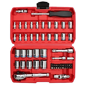 LLNDEI 57pcs 3/8 &1/4 Inch Drive Socket Wrench Sets, Dual Head 72-Teeth 2 Ways Ratchets, 6 Point Metric/SAE Sockets, CR-V, Extensions with 1/4-inch Dr. Bits Set, Universal Joint(5/32-3/4Inch,4-19mm)