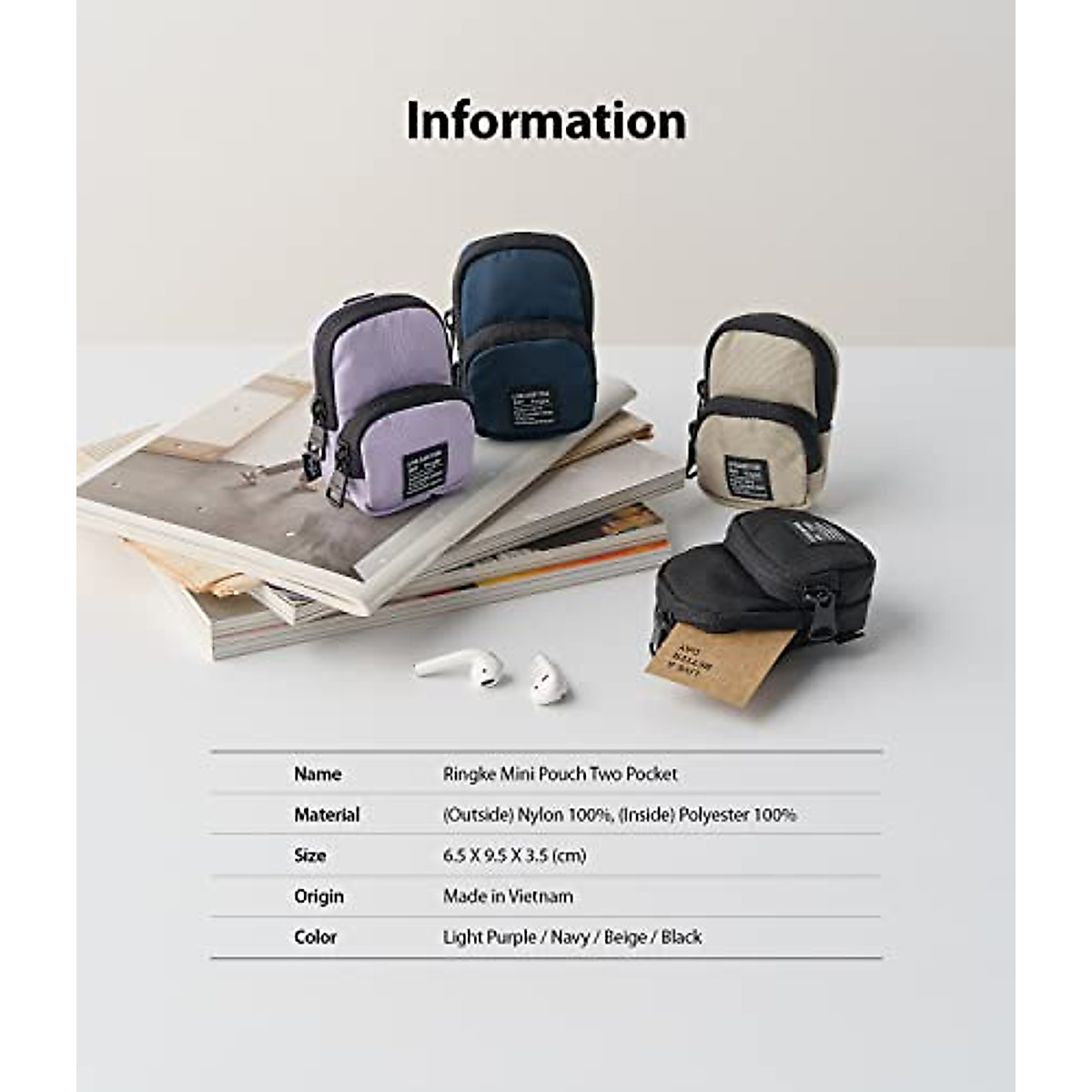 Ringke Mini Pouch Two Pocket, Small Bag for Universal Wireless Ear Buds, Durable Waterproof Keychain Accessories Compatible with AirPods Pro 2nd Generation and AirPods 4 Case - Beige