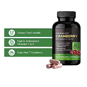 KORESELECT Cranberry 17,000mg with Dandelion & Vitamins, UTI Relief, Antioxidant Supplement, Immune Support, Bladder Health for Women & Men 60 Vegan Capsules