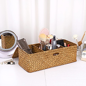 Hipiwe Seagrass Storage Basket Bin with Lid Rectangular Woven Shelf Baskets with 3-Section Toilet Paper Basket Holder for Closets Pantry Bathroom Kitchen Shelf Organizing, Caramel