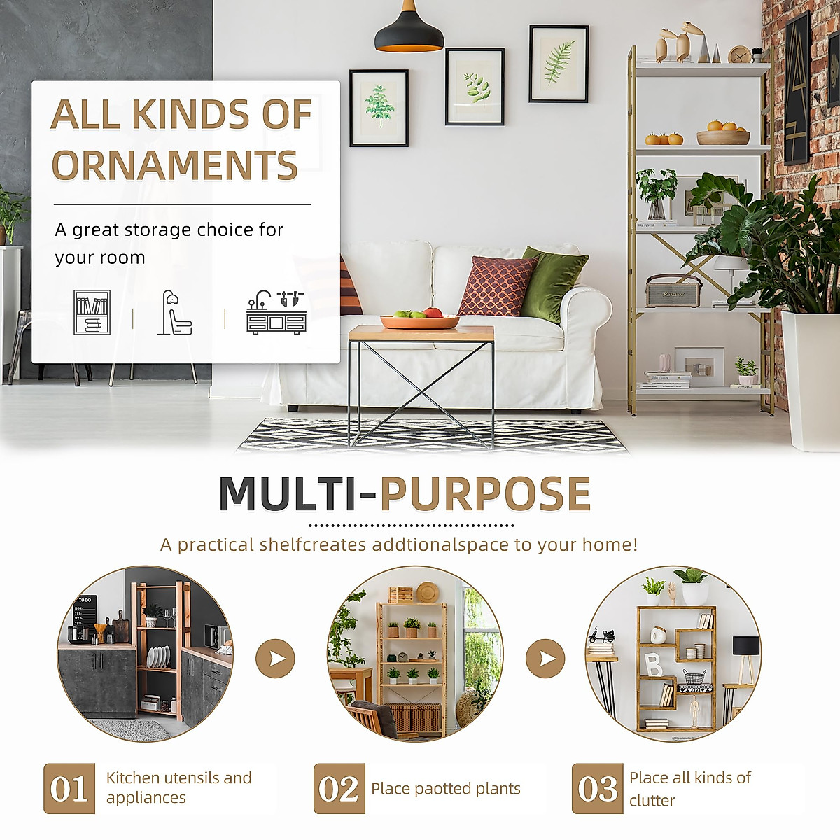 Vongrasig 5 Tier Bookshelf, Modern Tall Bookcase, Industrial Book Shelves Display Standing Shelf, Free Standing Storage Organizer for Bedroom, Living Room, White+Gold